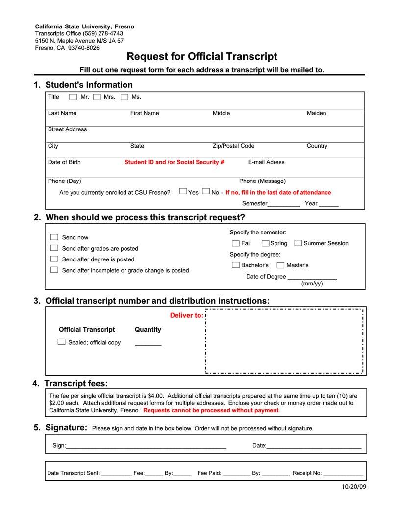 Blank Fresno Request Transcript | Fill Out and Print PDFs