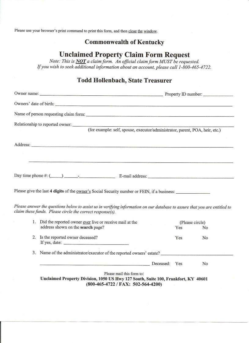 Blank Kentucky Unclaimed Property Reporting Forms | Fill Out and Print PDFs