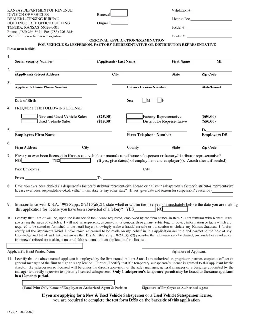 Blank Kansas Form D 22A | Fill Out and Print PDFs